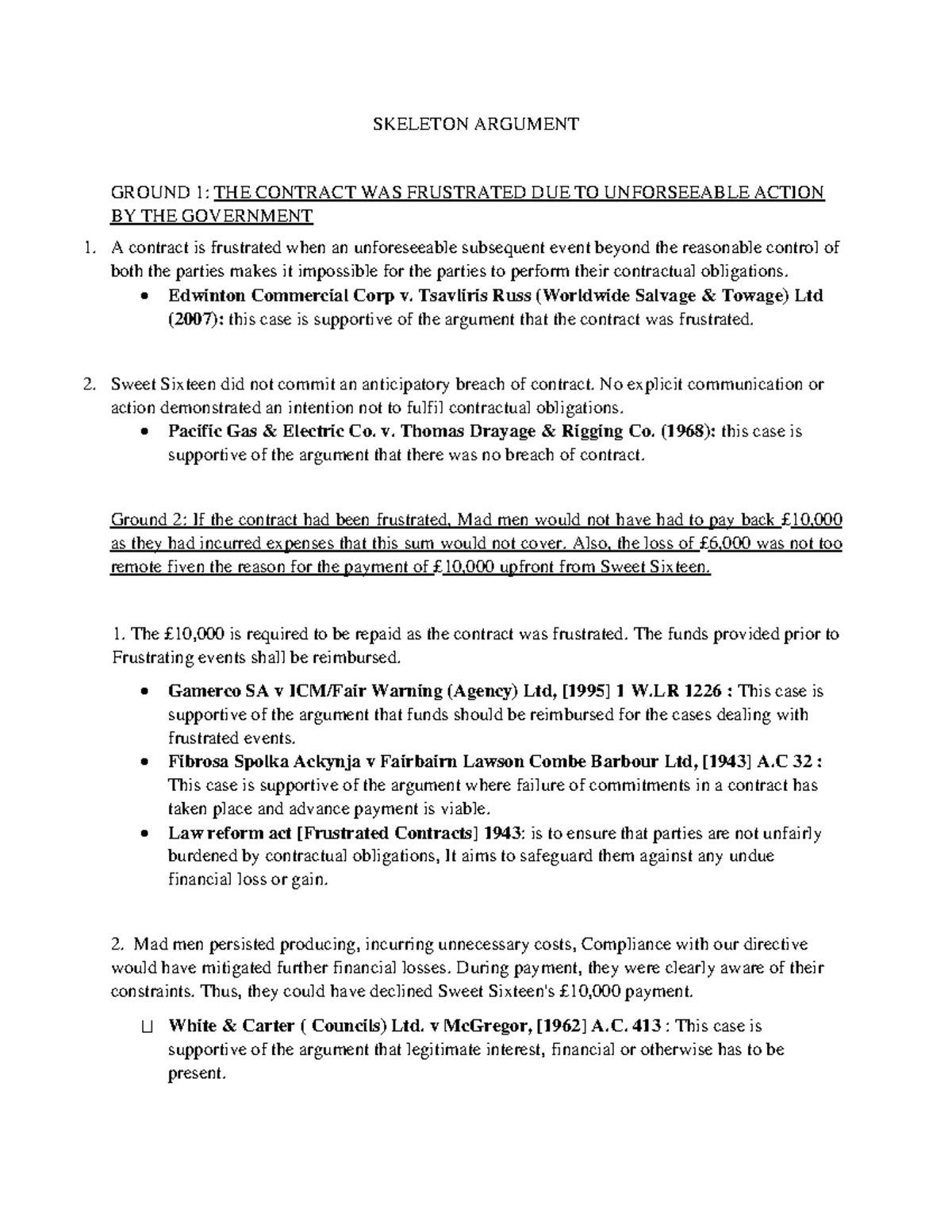Skeleton Argument-2 - summative coursework - SKELETON ARGUMENT GROUND 1: THE CONTRACT WAS ...