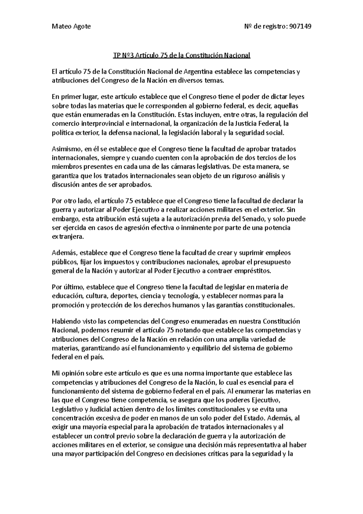 TP Nº3 Artículo 75 de la Constitución Nacional - Mateo Agote Nº de ...