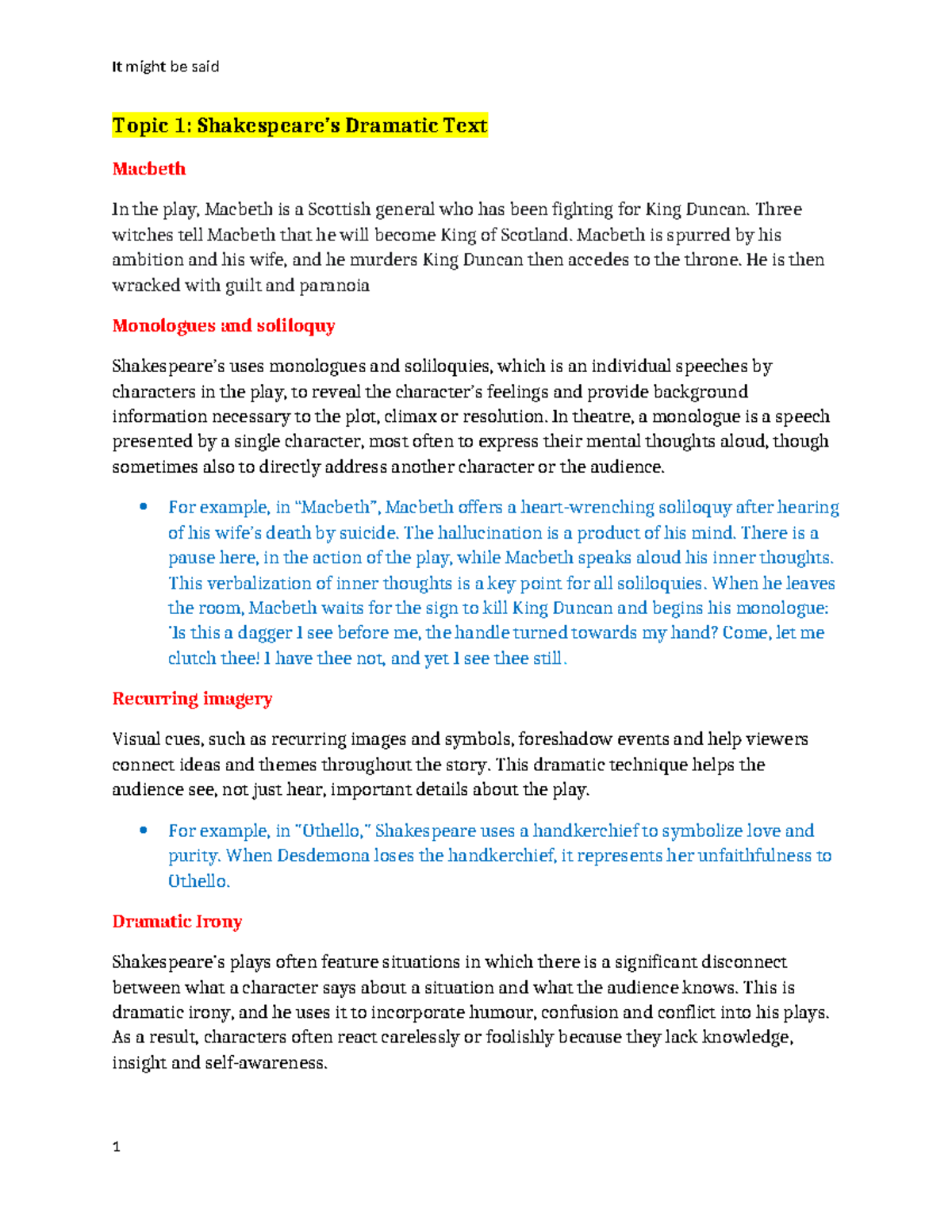 English Exam Notes - Topic 1: Shakespeare’s Dramatic Text Macbeth In ...