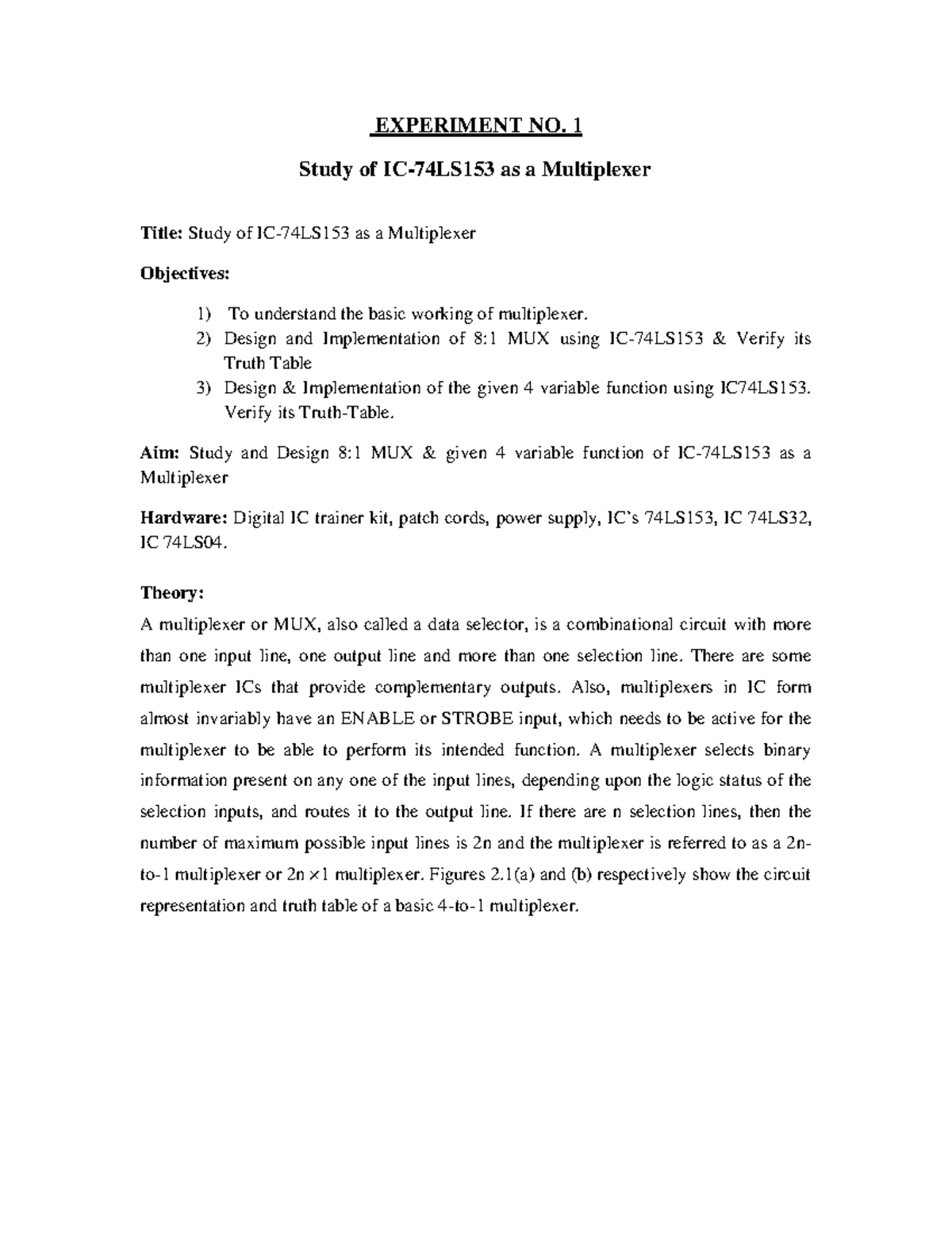 Experiment NO 1 - Engineering Mechanics - EXPERIMENT NO. 1 Study of IC ...