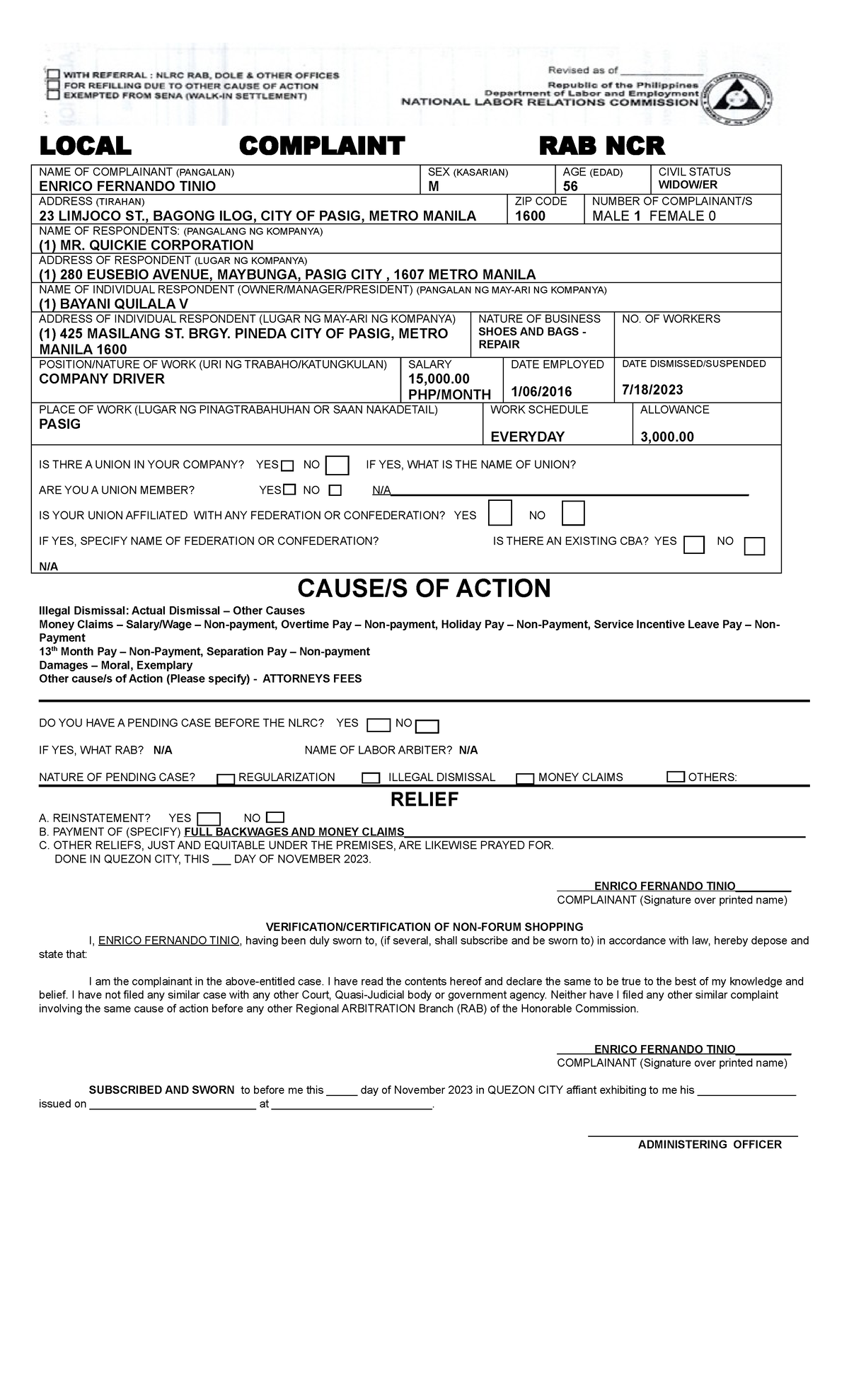 Local Complaintrab NCR - LOCAL COMPLAINT RAB NCR NAME OF COMPLAINANT ...