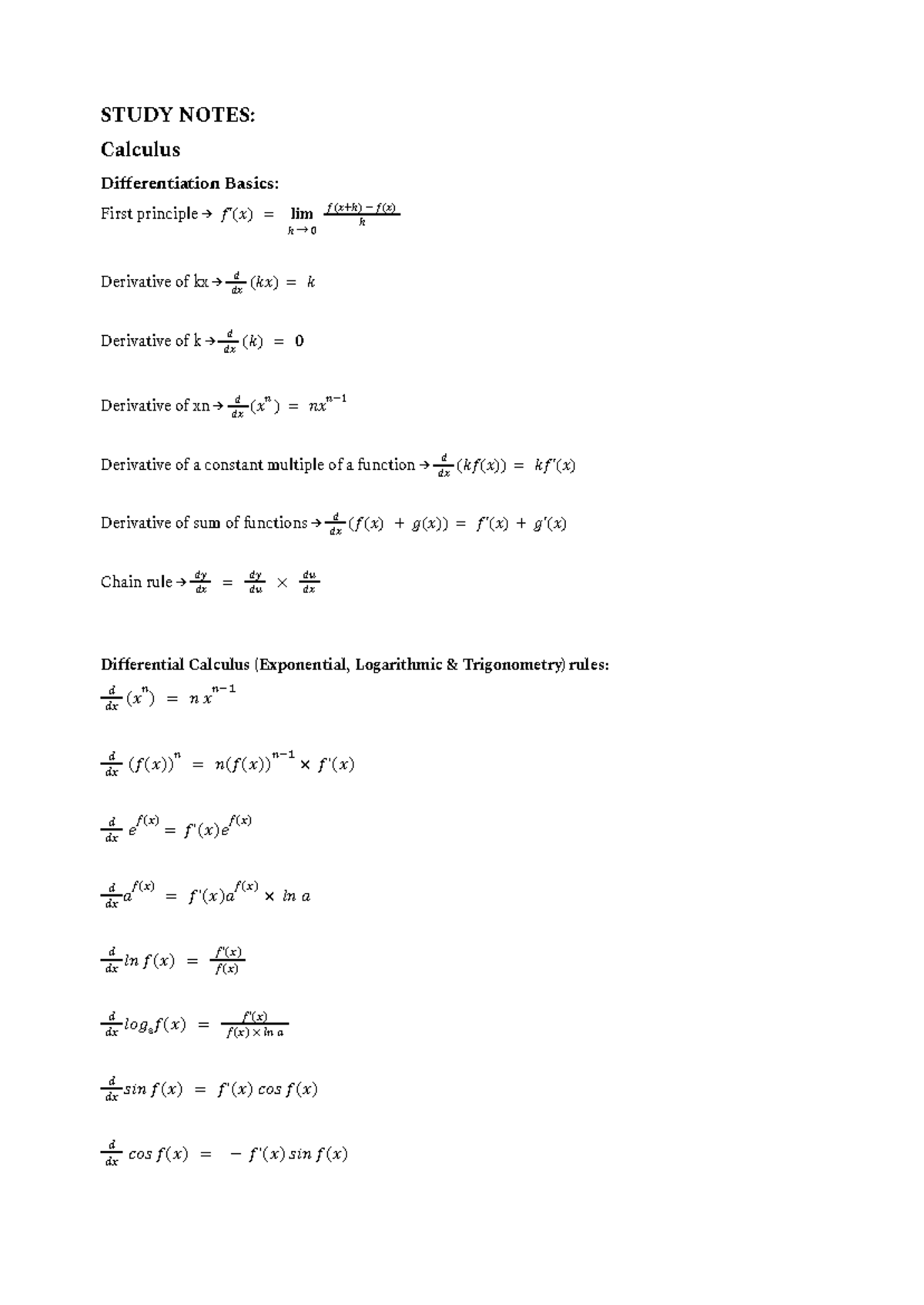 Math Study Group - Helpful - STUDY NOTES: Calculus Differentiation ...