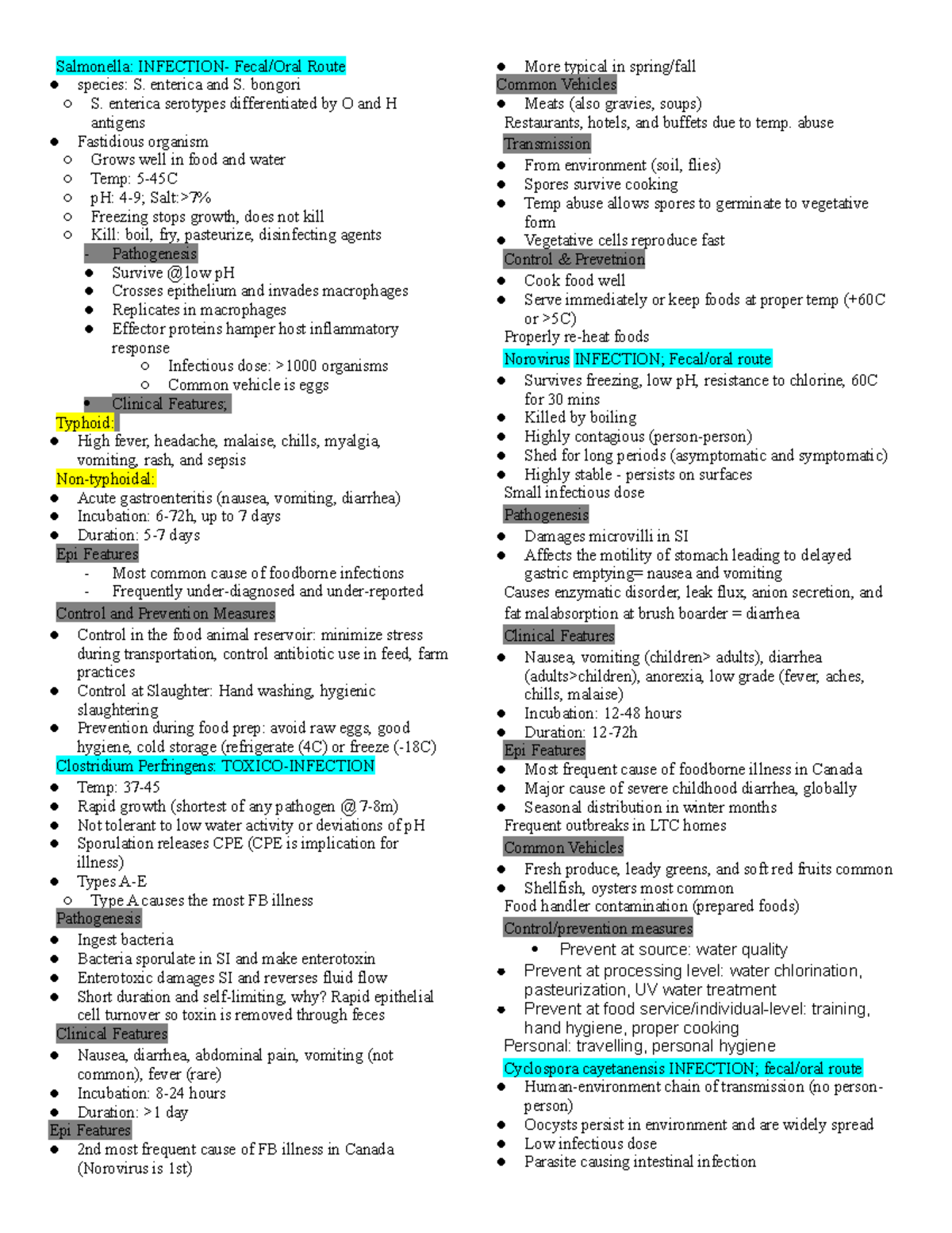 Popm cheat sheet - Salmonella: INFECTION- Fecal/Oral Route species: S ...