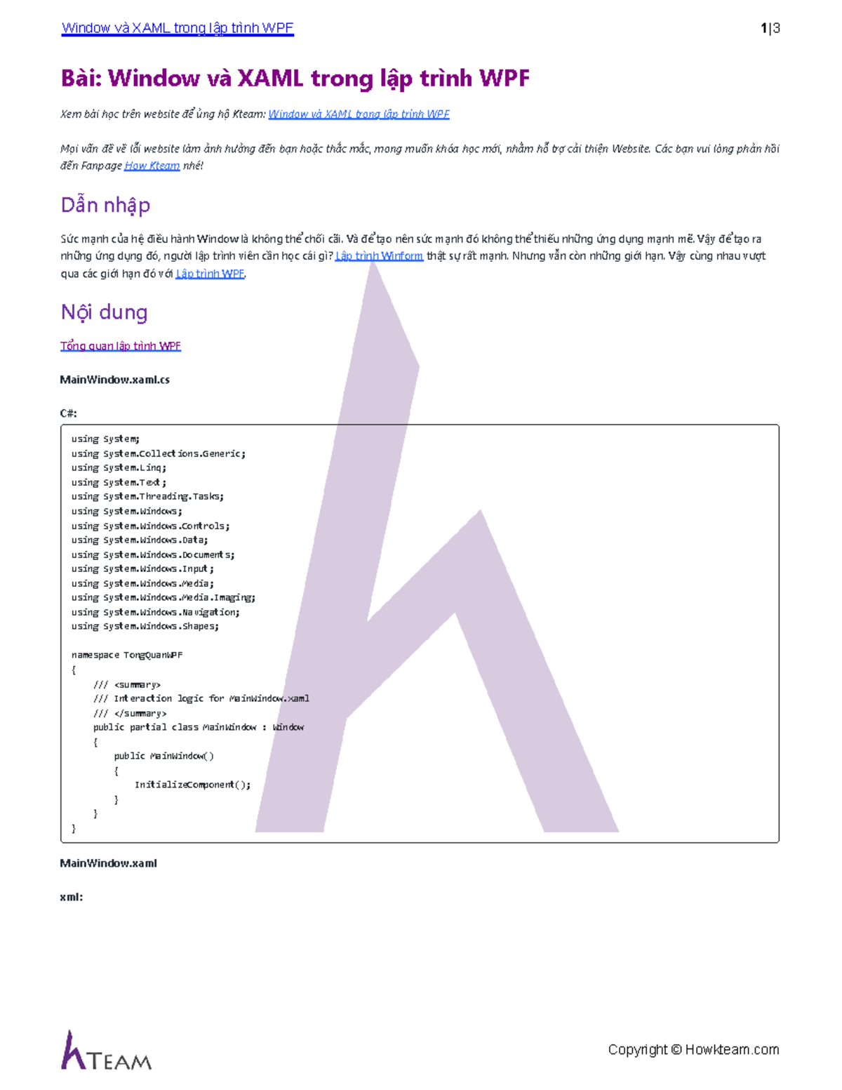 Howkteam.VN - Window và XAML trong lập trình WPF - Window và XAML trong lập trình WPF 1 ...