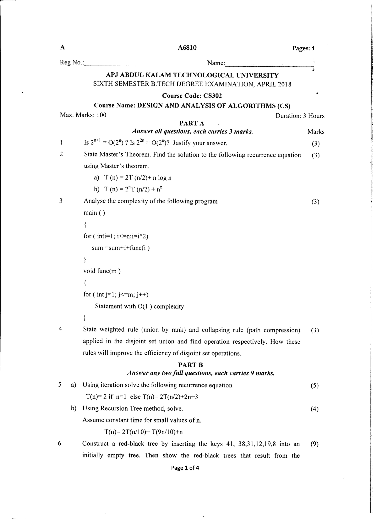 S6 BTech design and analysis of algorithms april 2018-Question Paper ...