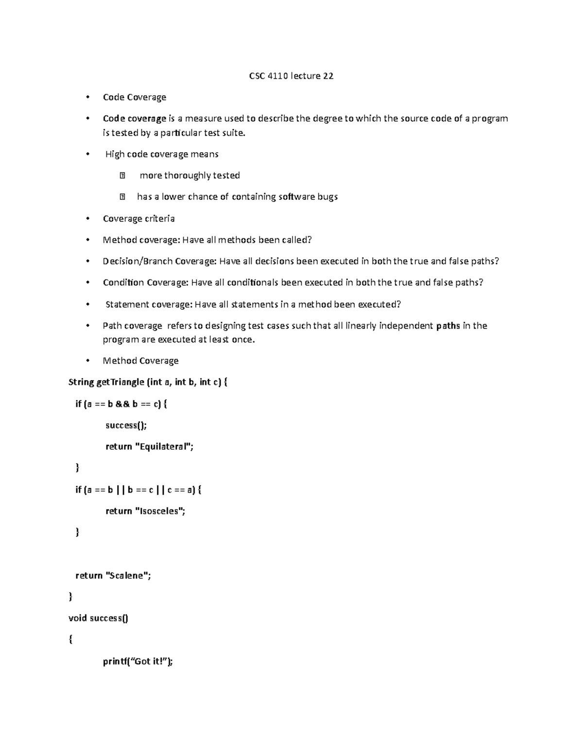 CSC 4110 lecture 22 - CSC 4110 lecture 22 Code Coverage Code coverage ...