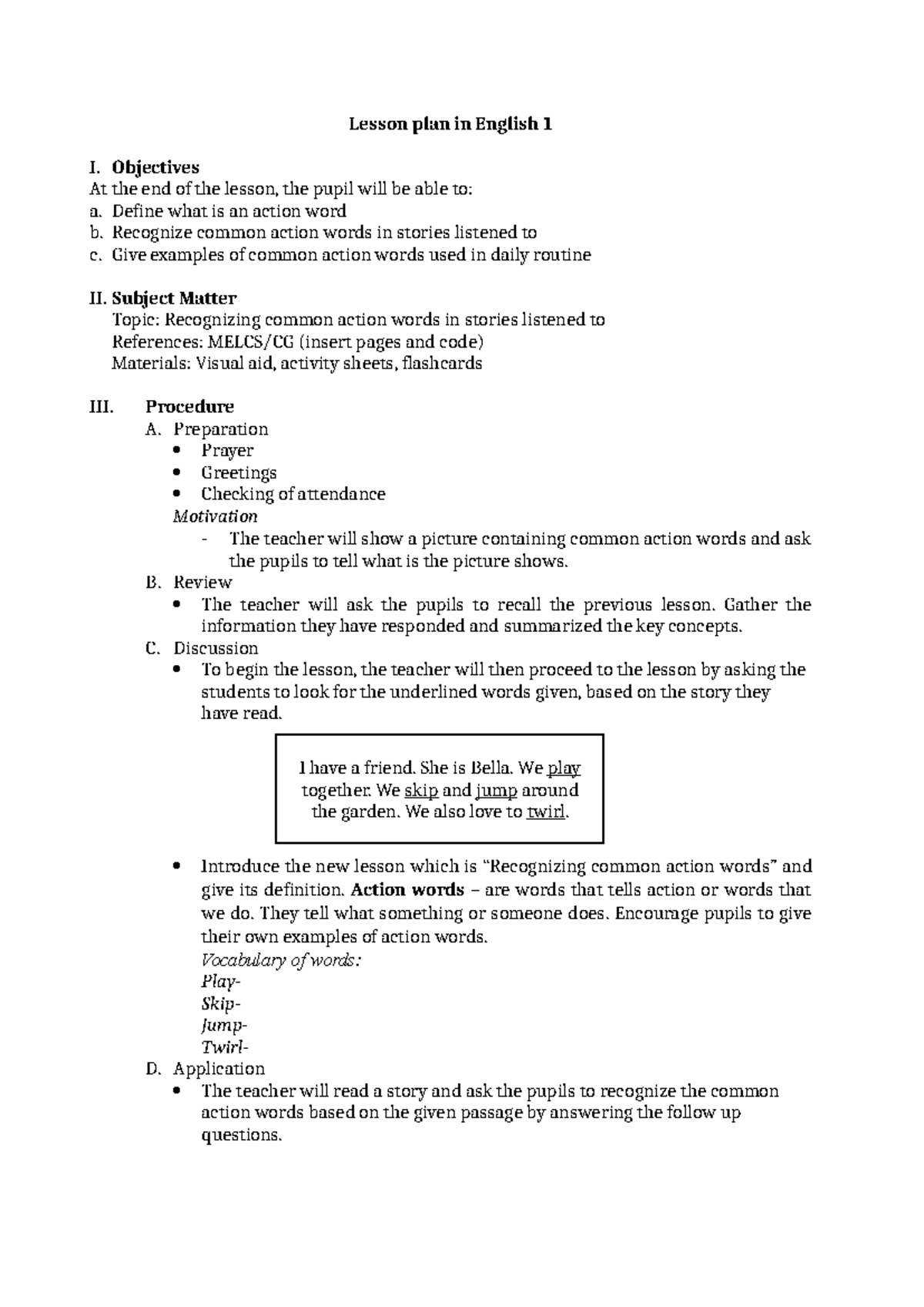 Lesson plan in English 1 LEAH - Lesson plan in English 1 I. Objectives ...