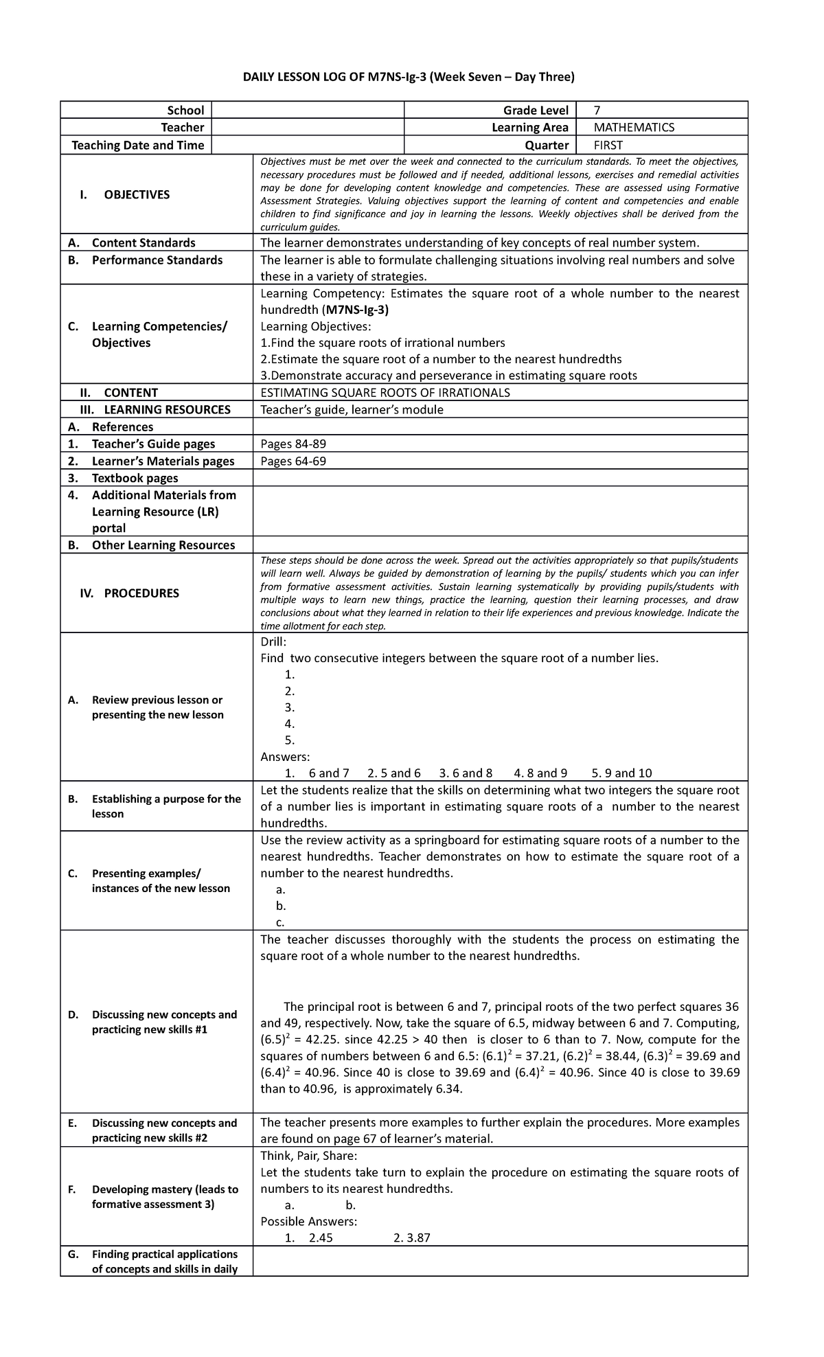 I-DAY 27 - lecture - DAILY LESSON LOG OF M7NS-Ig-3 (Week Seven – Day ...