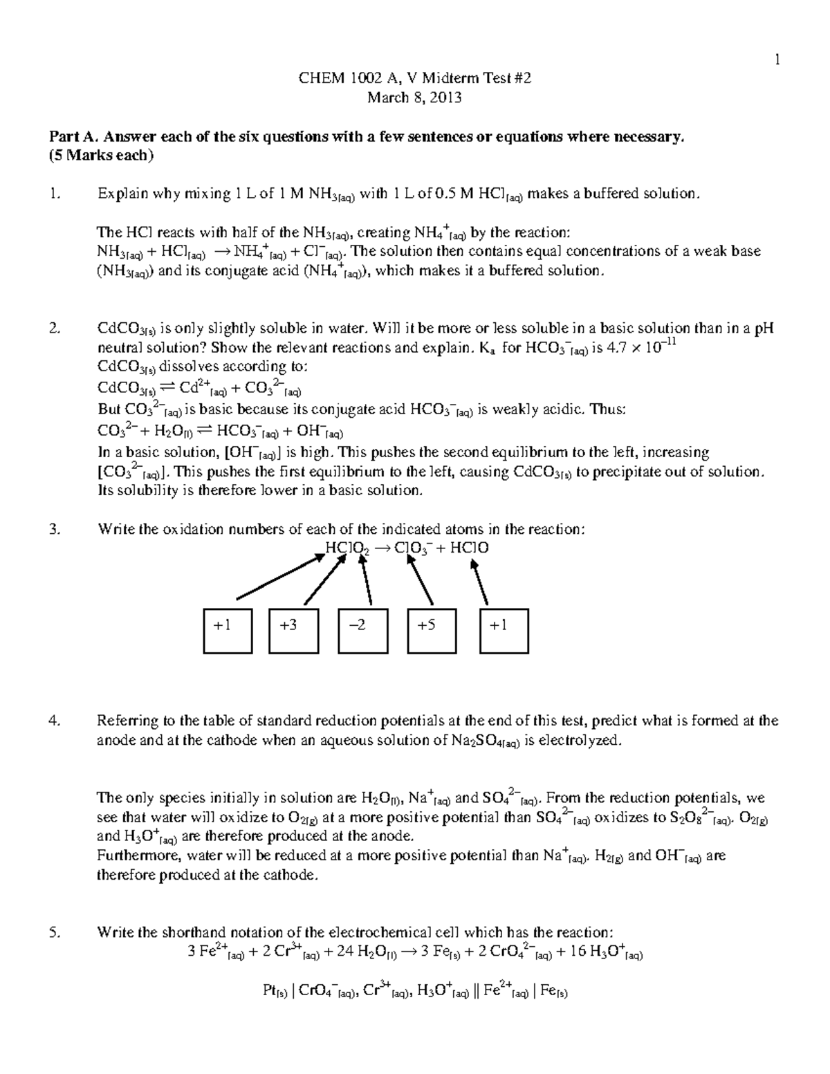 Exam 2013 Questions and Answers - CHEM 1002 A, V Midterm Test # March 8 ...