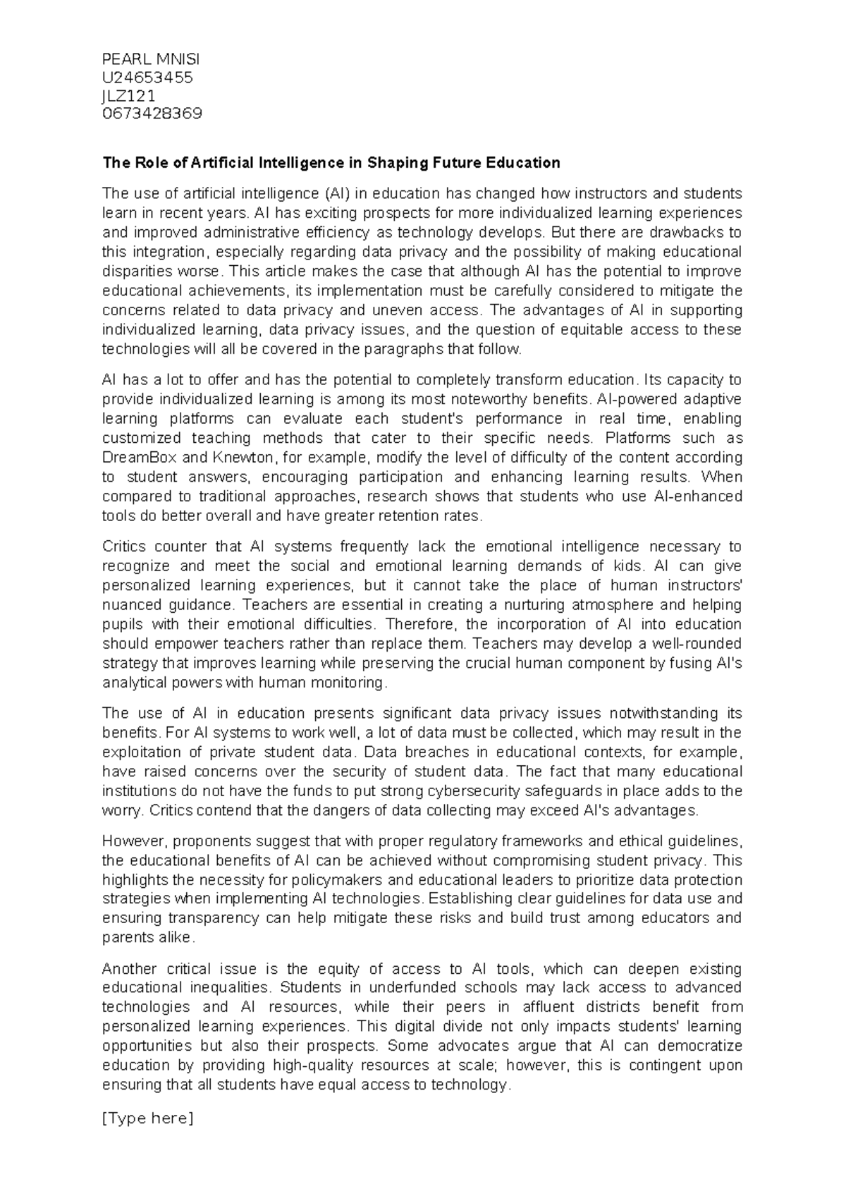 Argumentative Essay - PEARL MNISI U JLZ 0673428369 The Role of ...