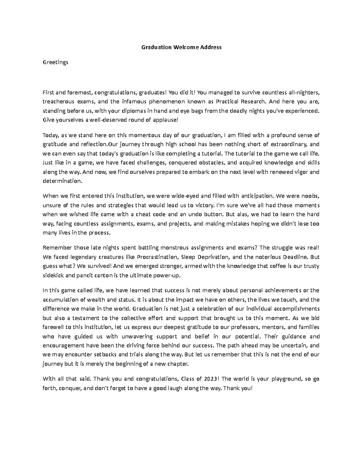 Graduation Speech - Graduation Welcome Address Greetings First and ...