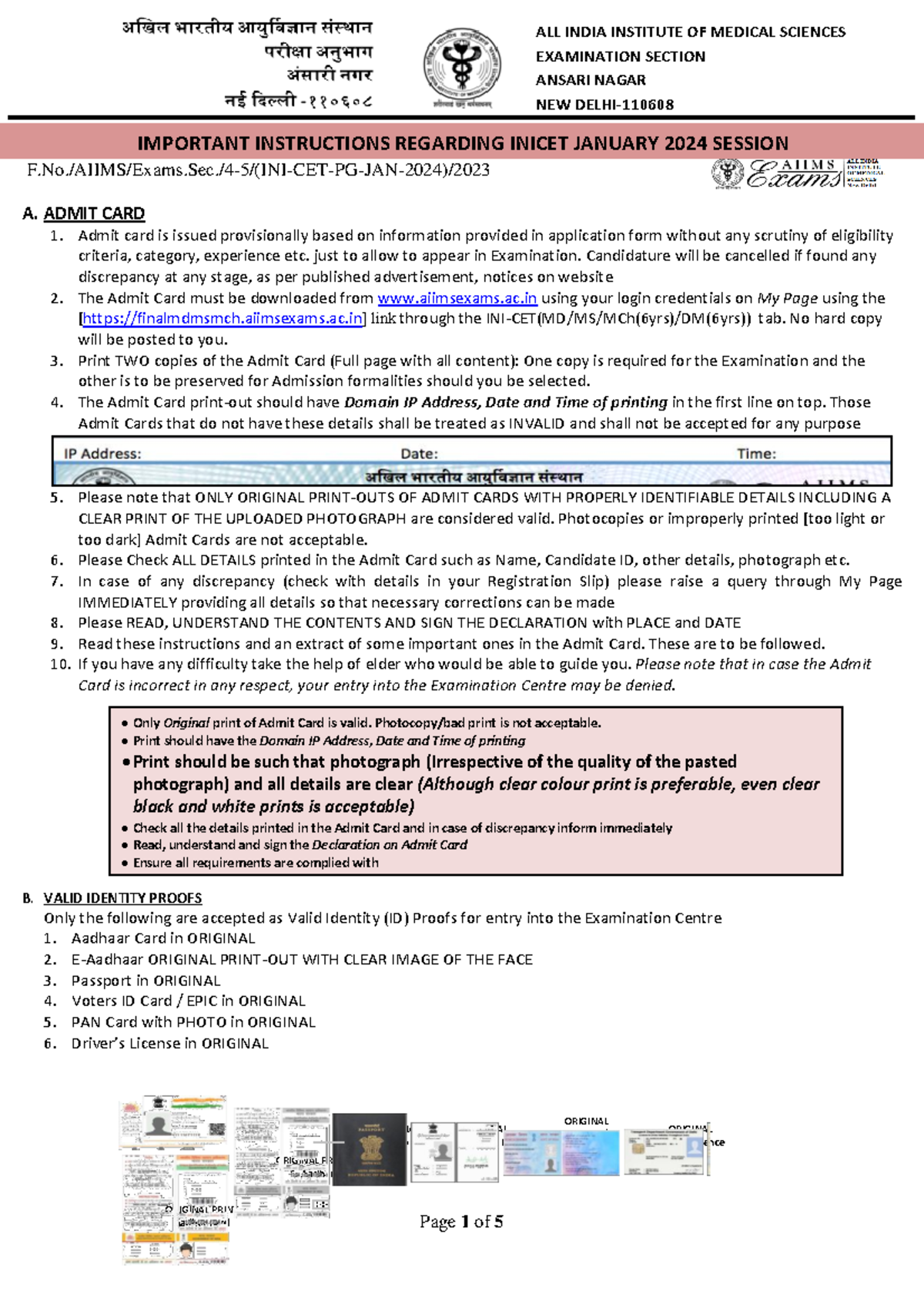1 Instruction of Admit Card - F.No./AIIMS/Exams./4-5/(INI-CET-PG-JAN ...
