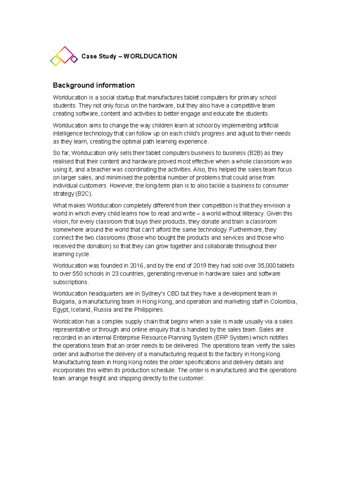 Bsbops 501 Simulation Pack - Case Study – WORLDUCATION Background ...