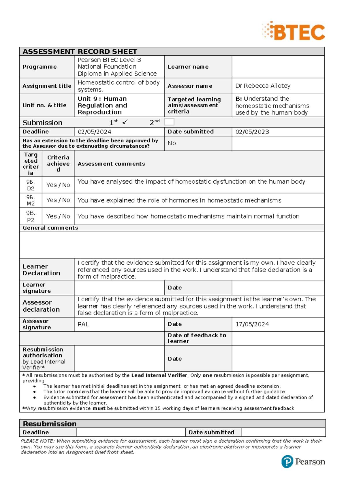 UNIT 9B Homeostatic Control OF BODY Systems 0424 RAL - ASSESSMENT ...