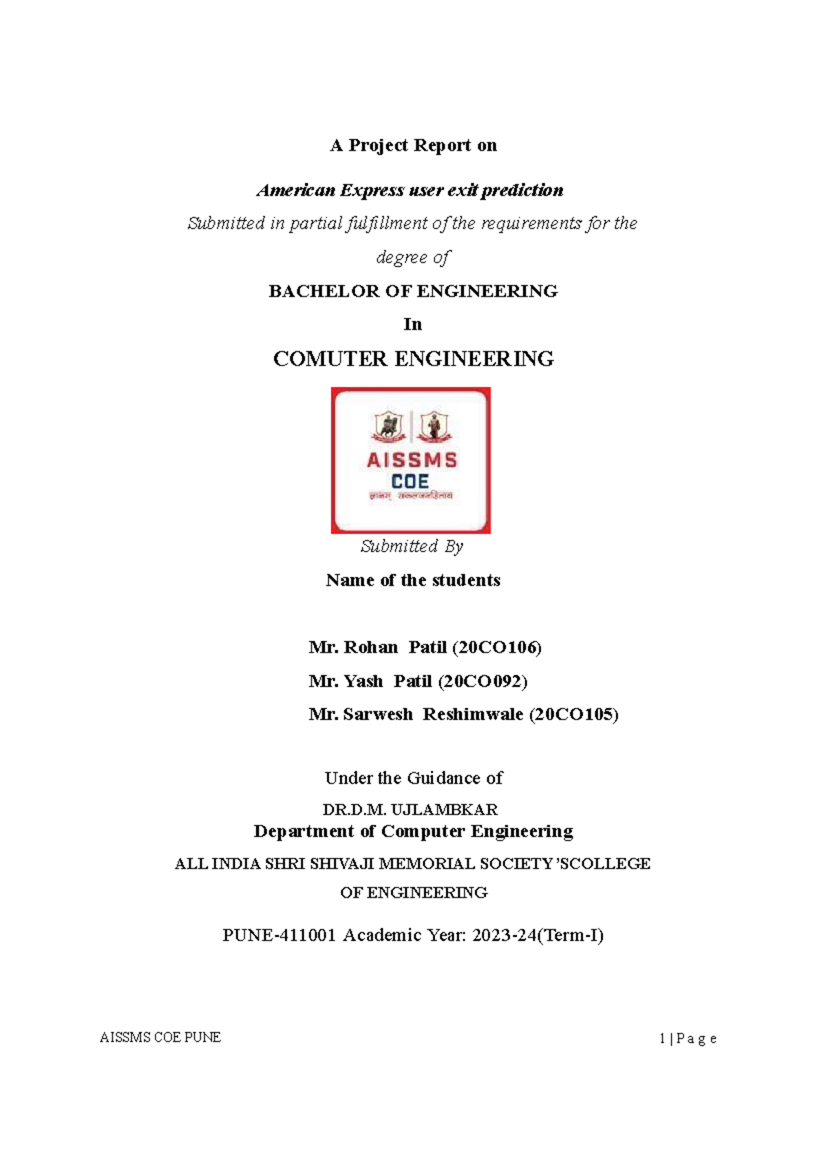 ML new Final report - ####### AISSMS COE PUNE 1 | P a g e A Project ...