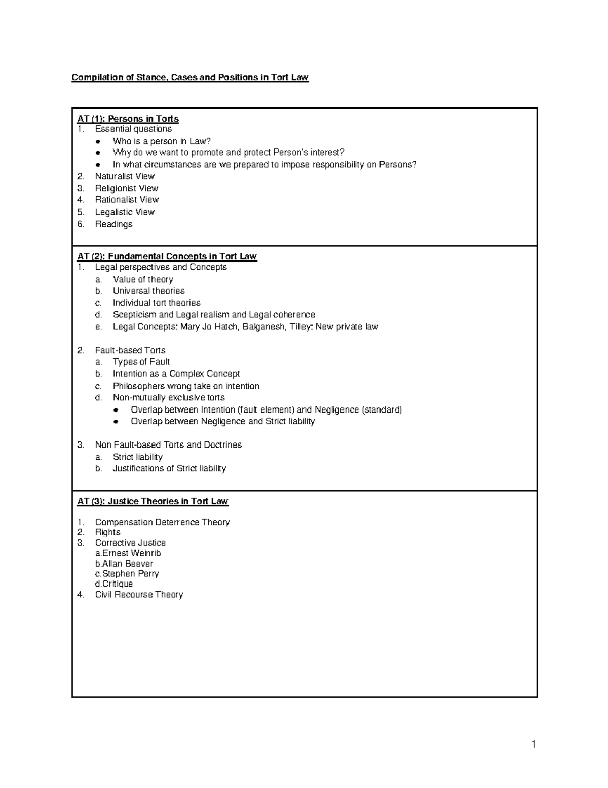 Compilation of Stance, Cases and Positions in Tort Law - Value of ...