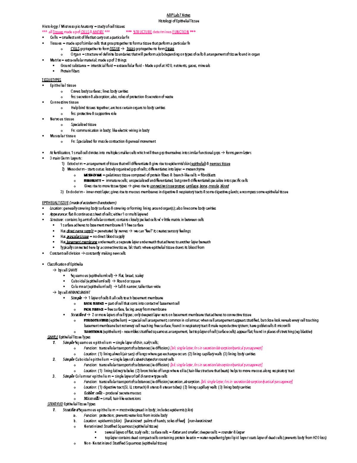 Anatomy & Physiology - Lab 7 exam notes - A&P Lab 7 Notes Histology of ...