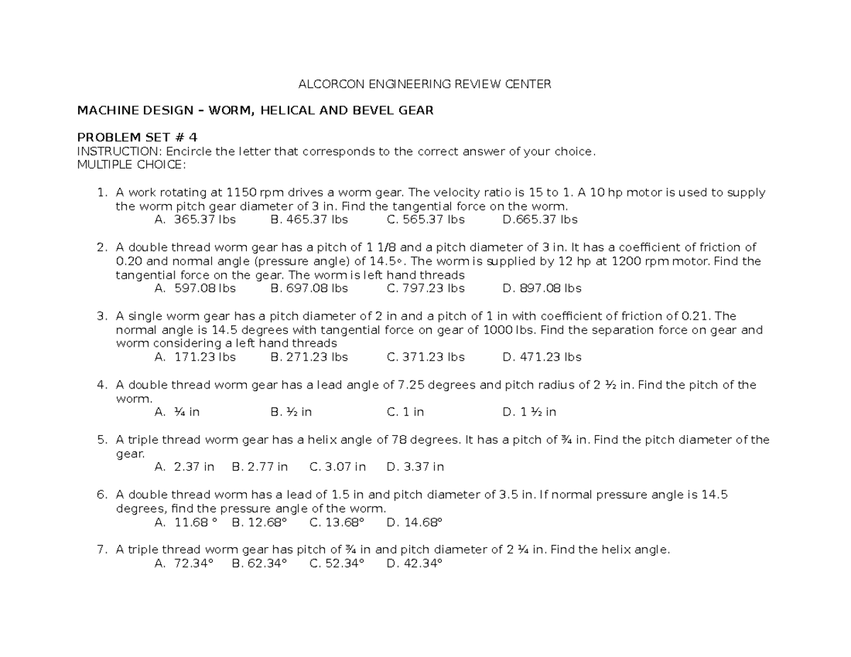 Pdfcoffee - Browse - ALCORCON ENGINEERING REVIEW CENTER MACHINE DESIGN – WORM, HELICAL AND BEVEL ...