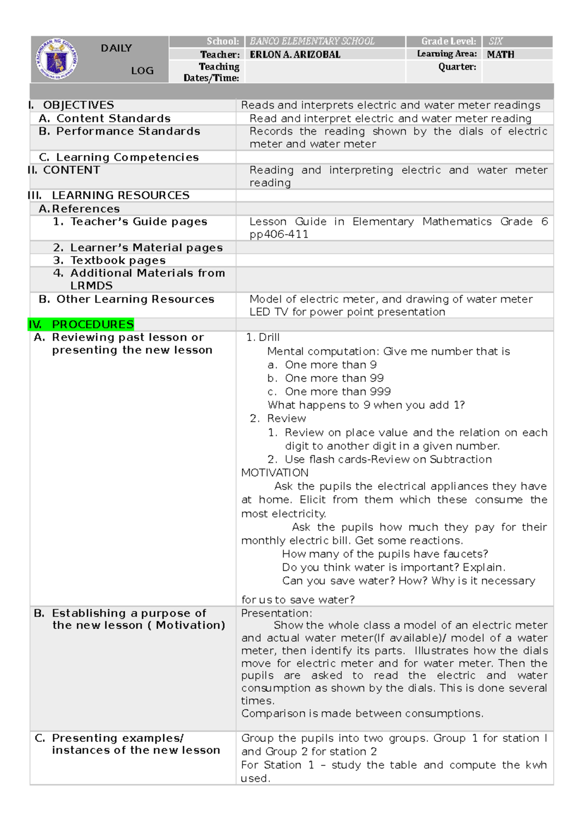 MATH-6-COT - LEARNING MATERIALS - DAILY LESSON LOG School: BANCO ELEMENTARY SCHOOL Grade Level ...