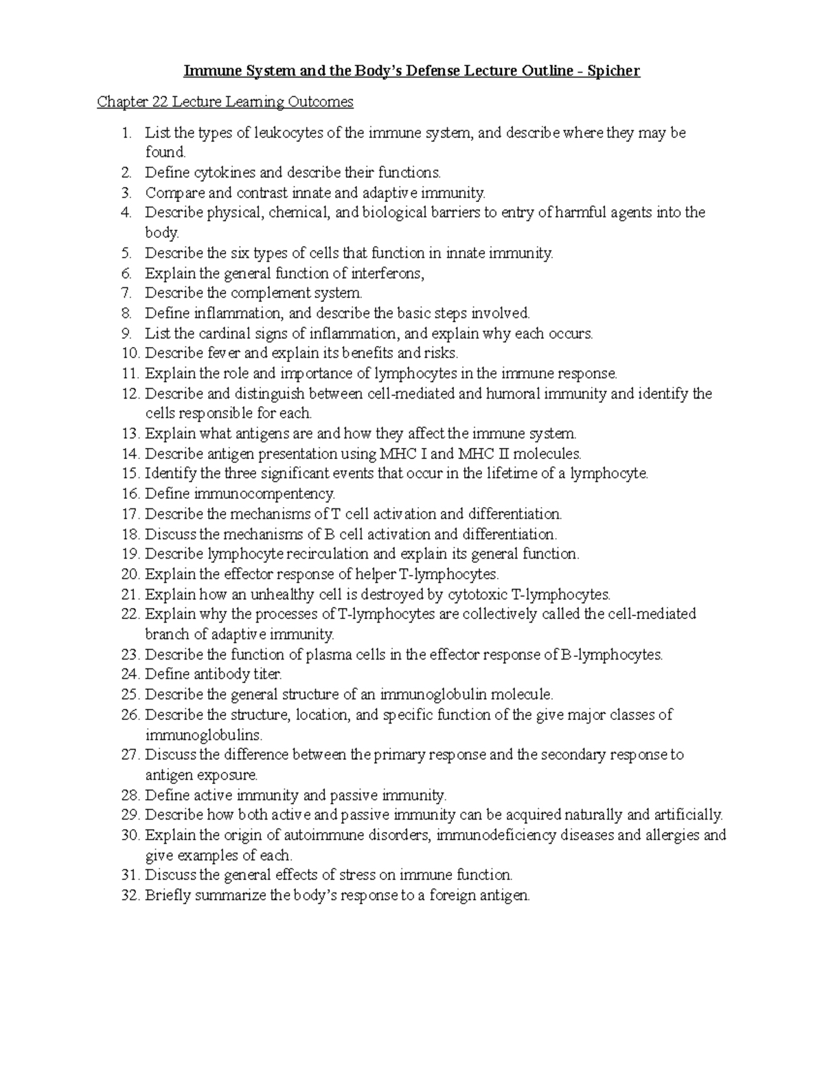 Lecture Outline - Chapter 22 Immune System - Immune System and the Body ...