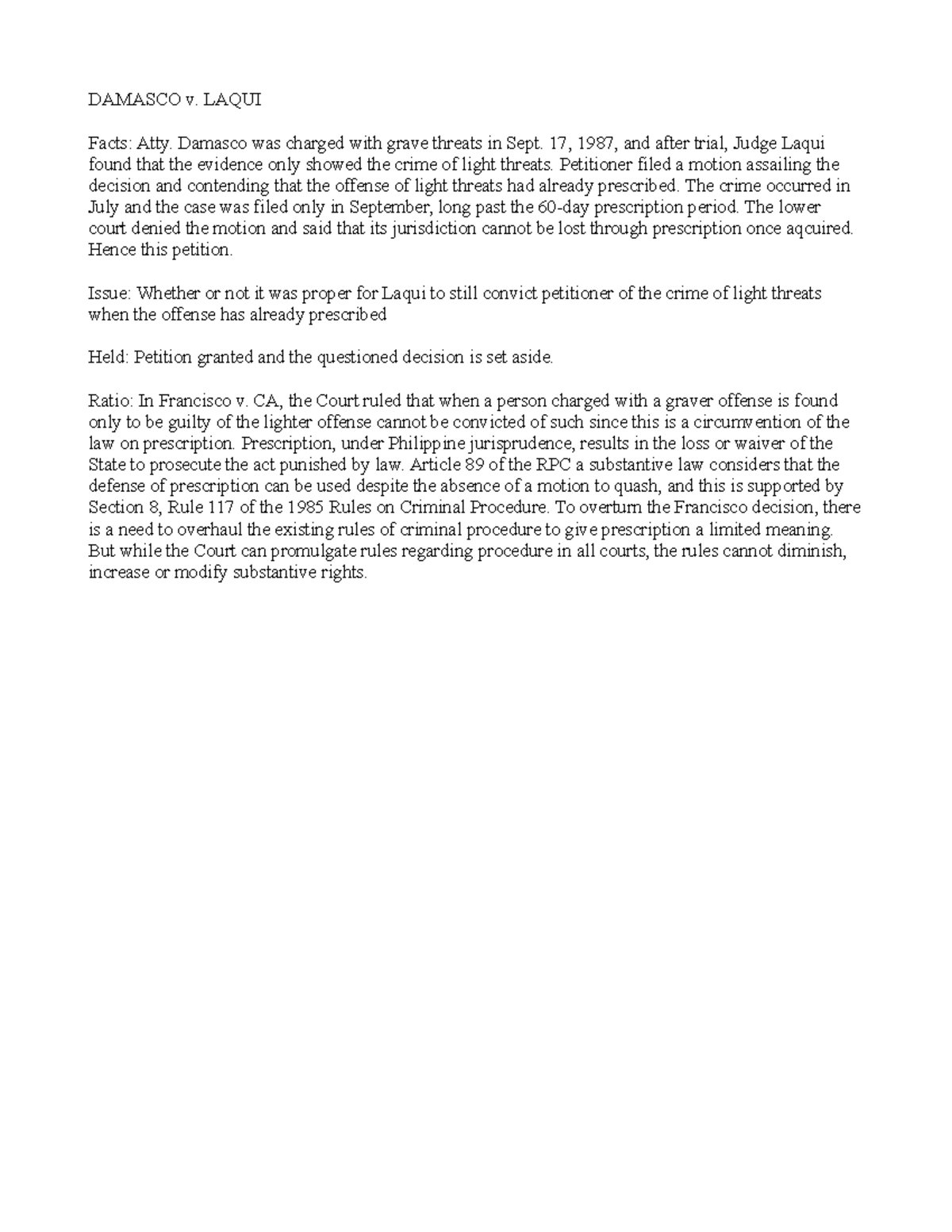 248923670 Damasco v Laqui - DAMASCO v. LAQUI Facts: Atty. Damasco was ...