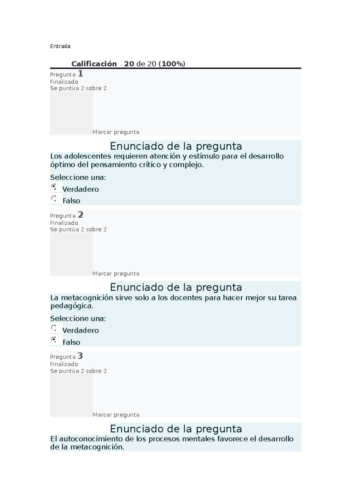 Metacognicion - fdgdfd - Entrada Calificación 20 de 20 ( 100 % ...