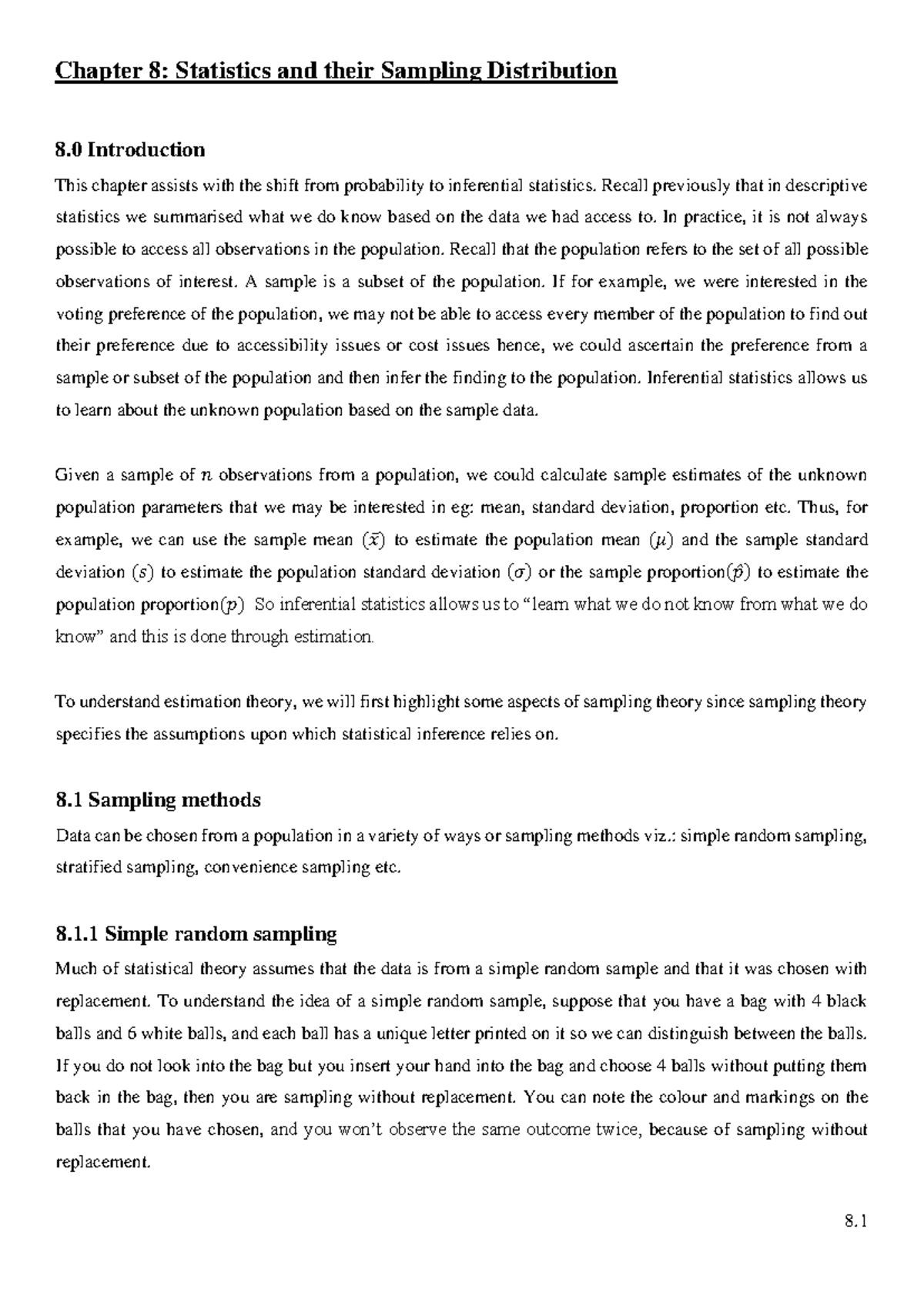 Statistics and Sampling distributions Pages 1 to 22 2023 - Chapter 8 ...
