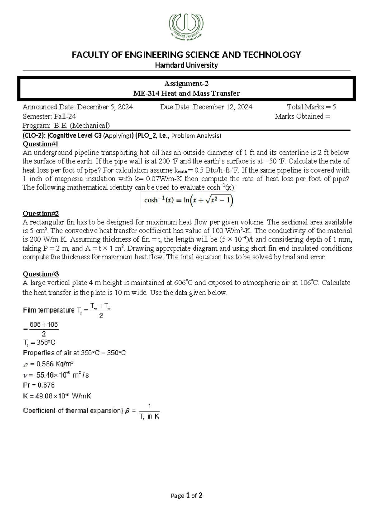 Hn MT - Assign 2- F24 - hmt assingment - FACULTY OF ENGINEERING SCIENCE AND TECHNOLOGY Hamdard ...