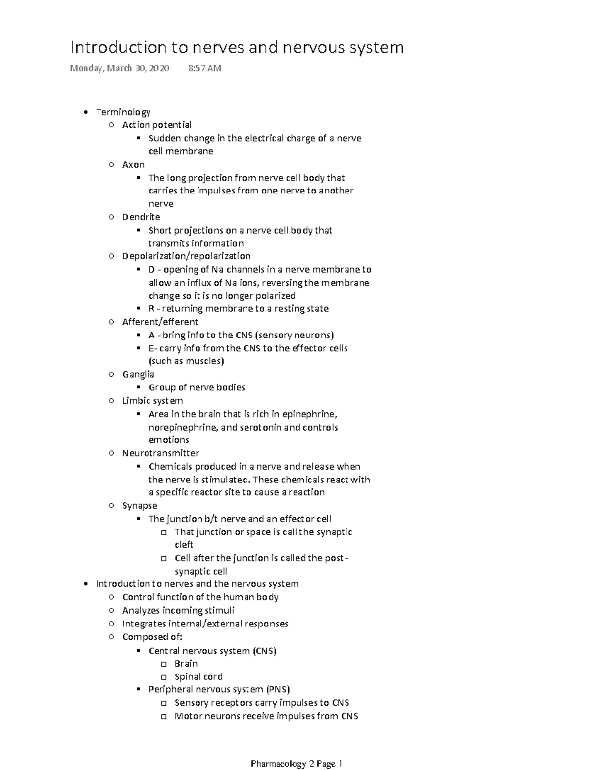 Introduction to nerves and nervous system - Terminology Action potential Sudden change in the ...