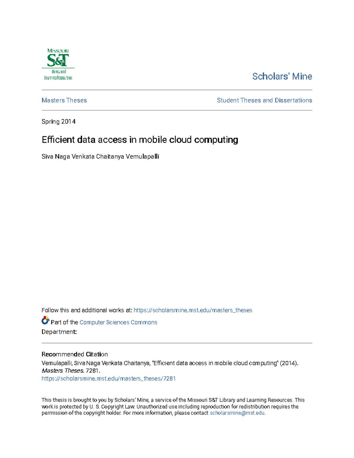 Efficient data access in mobile cloud computing - Scholars ...