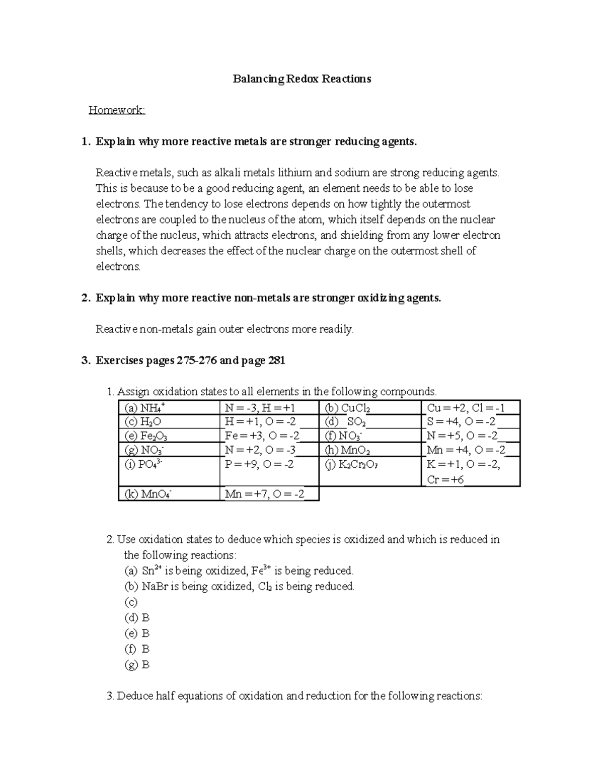 Balancing Redox Reactions Homework - Balancing Redox Reactions Homework ...