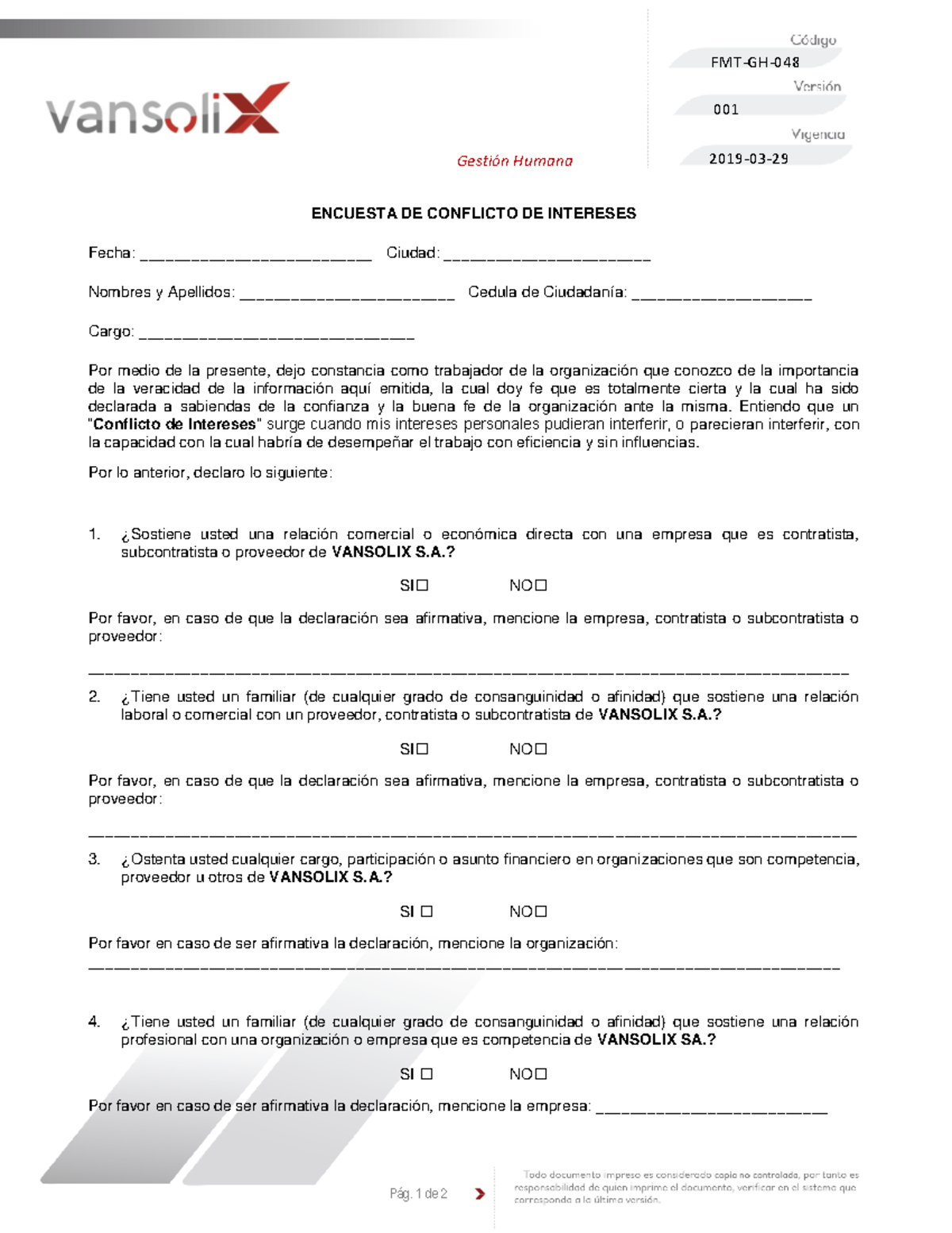 12.Encuesta conflicto de intereses - FMT-GH- 001 Gestión Humana 2019 ...