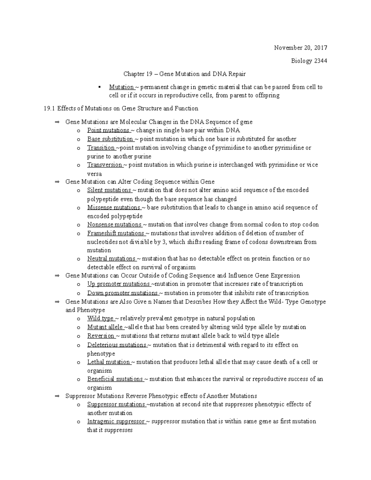Chapter 19 - Gene Mutation and DNA Repair - November 20, 2017 Biology ...