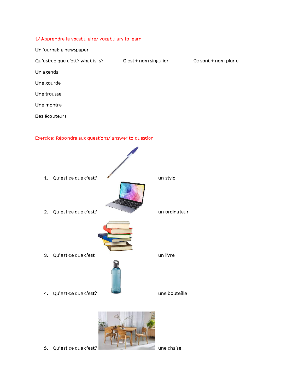 Cours.6 - Class work - 1/ Apprendre le vocabulaire/ vocabulary to learn ...
