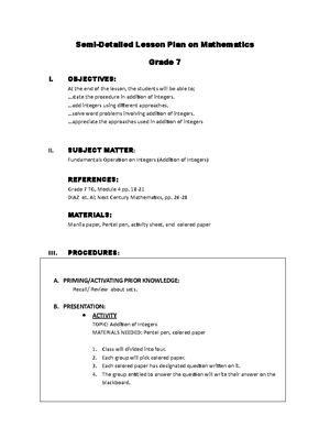 Lesson Plan on Illustration of Quadratic Equation - ILLUSTRATIONS OF ...