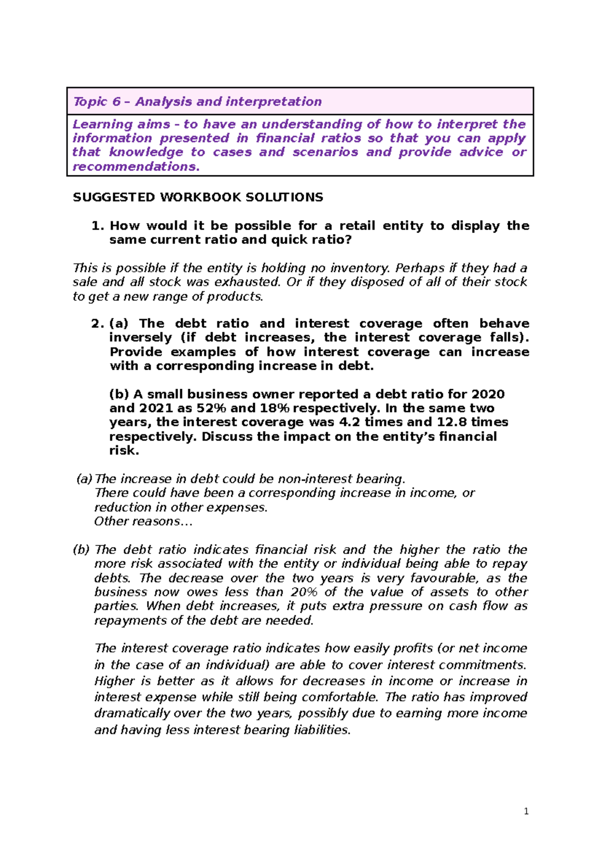 Workbook Topic 6 Solution - Topic 6 – Analysis and interpretation ...