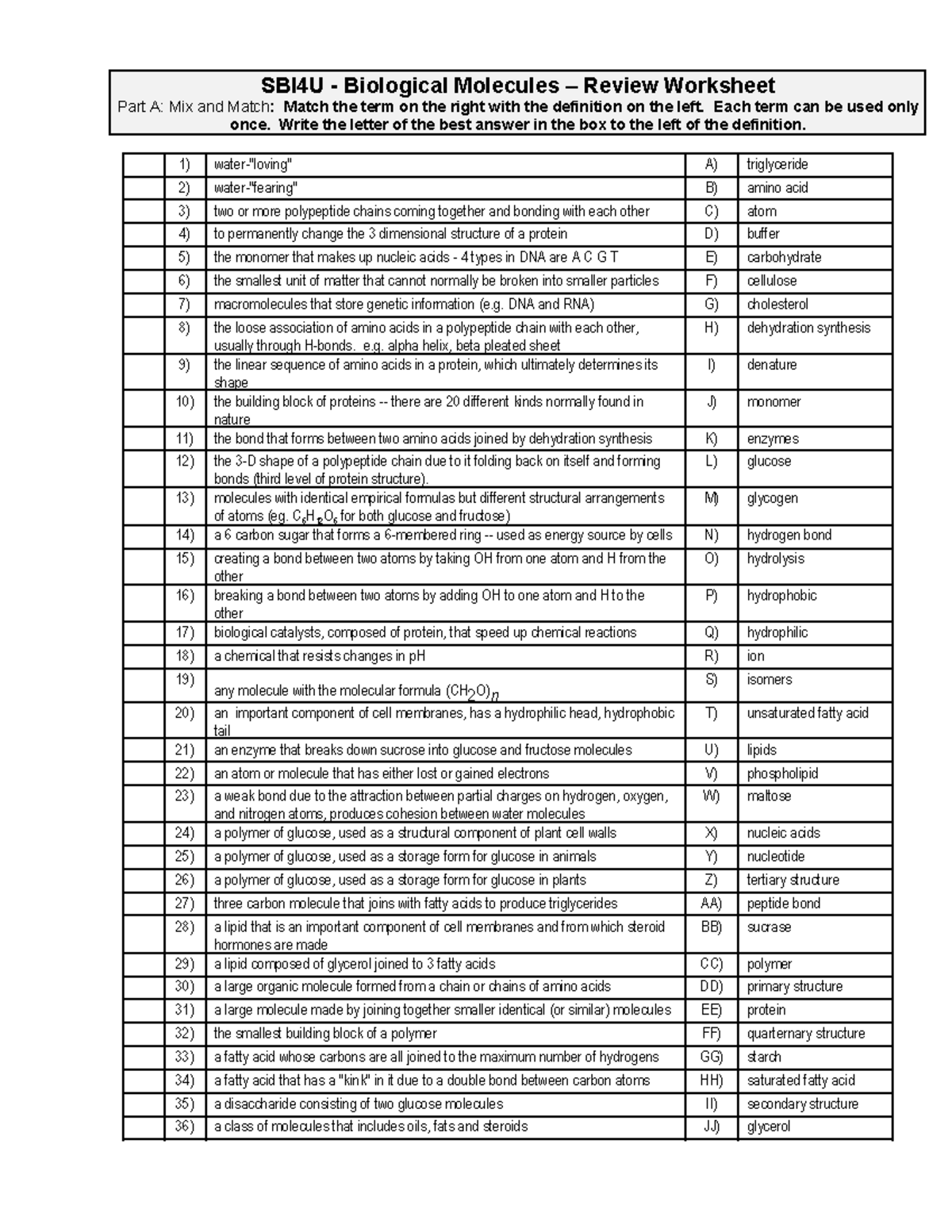 7b. Fischer - SBI4U Biomolecules Review - SBI4U - Biological Molecules ...