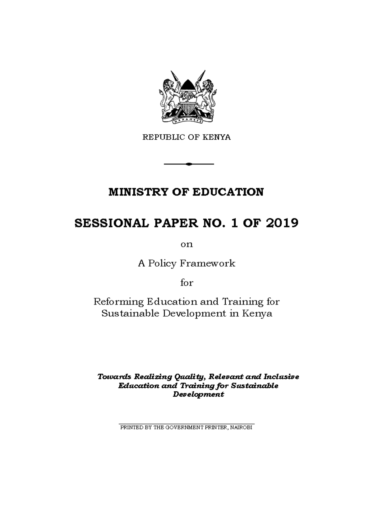 Session Paper No 1 of 2019 - REPUBLIC OF KENYA MINISTRY OF EDUCATION ...