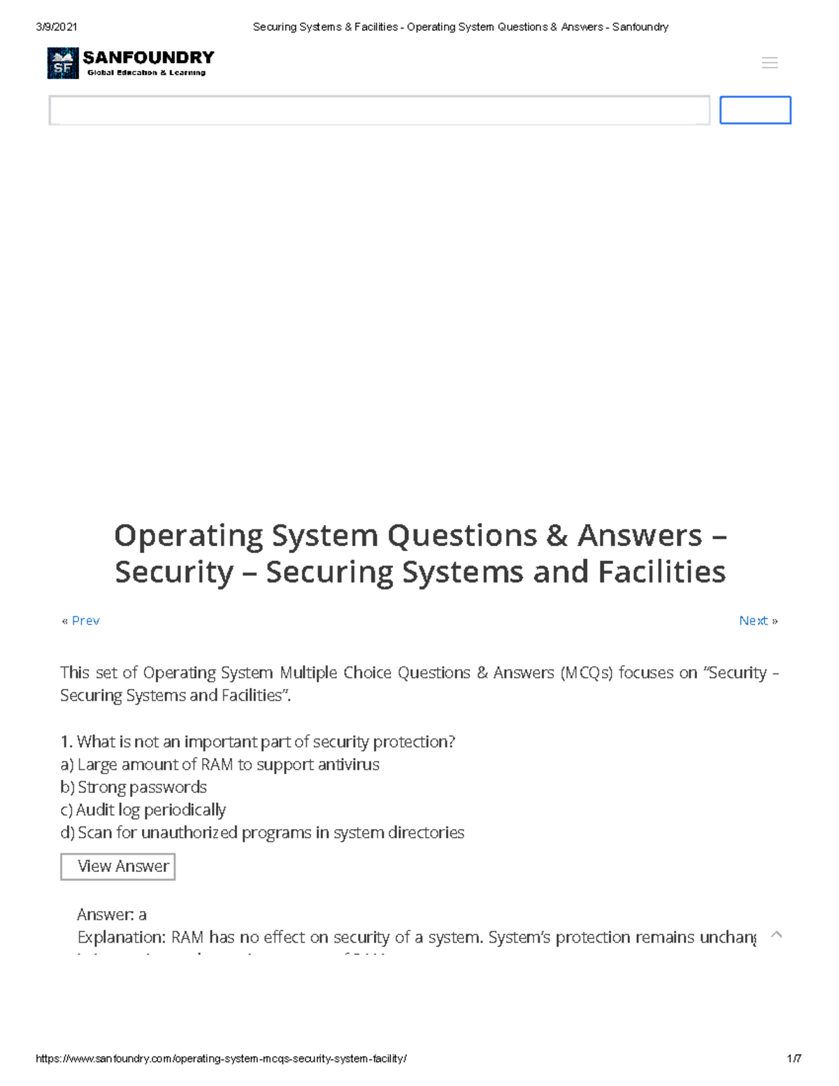 Securing Systems & Facilities - Operating System Questions & Answers - Sanfoundry - « Prev Next ...