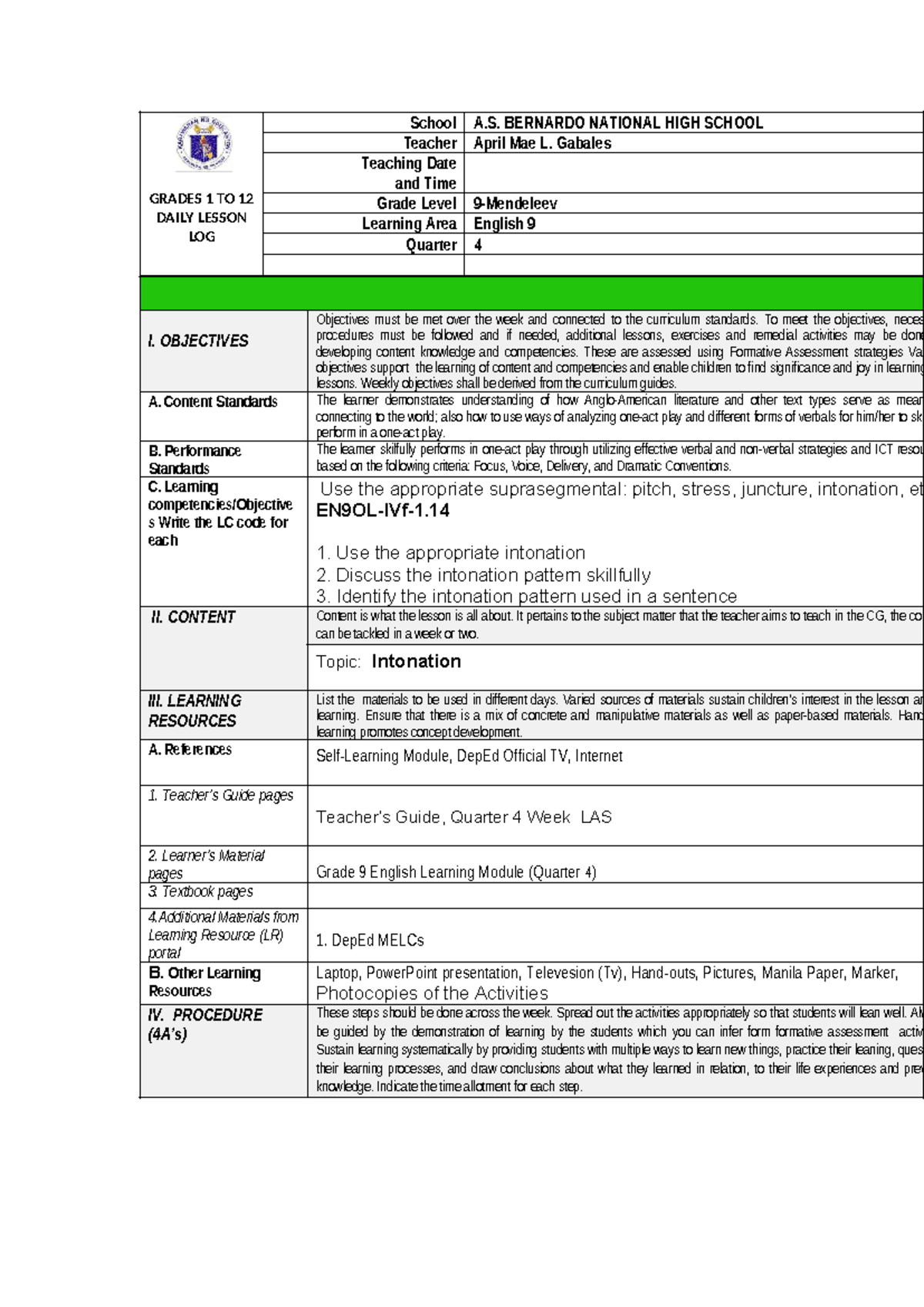 G9 DLP Intonation 3 - dlp for grade 9 - GRADES 1 TO 12 DAILY LESSON LOG School A. BERNARDO ...