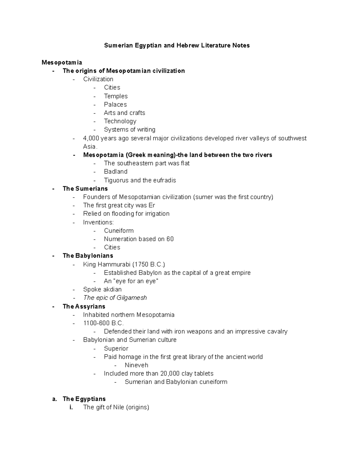 Lit notes - Summary - Sumerian Egyptian and Hebrew Literature Notes ...