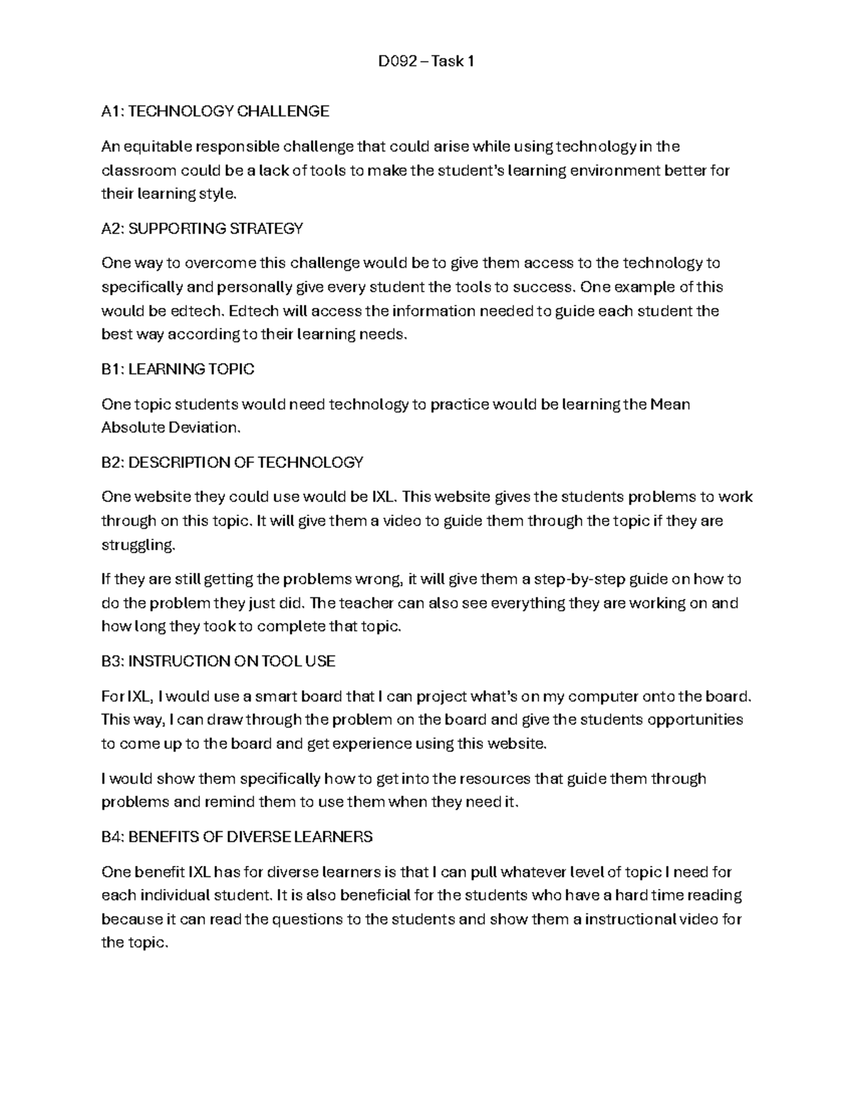 D092 - Task 1 - D092 – Task 1 A1: TECHNOLOGY CHALLENGE An equitable ...