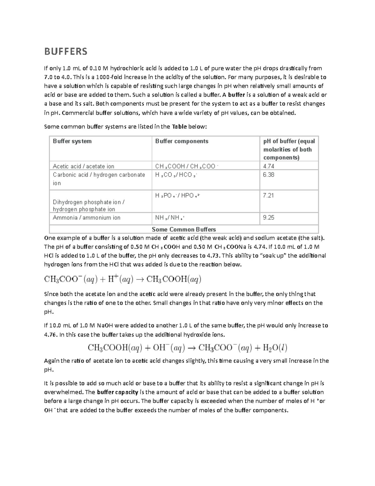 Buffersnotes - practice stuff - BUFFERS If only 1 mL of 0 M ...