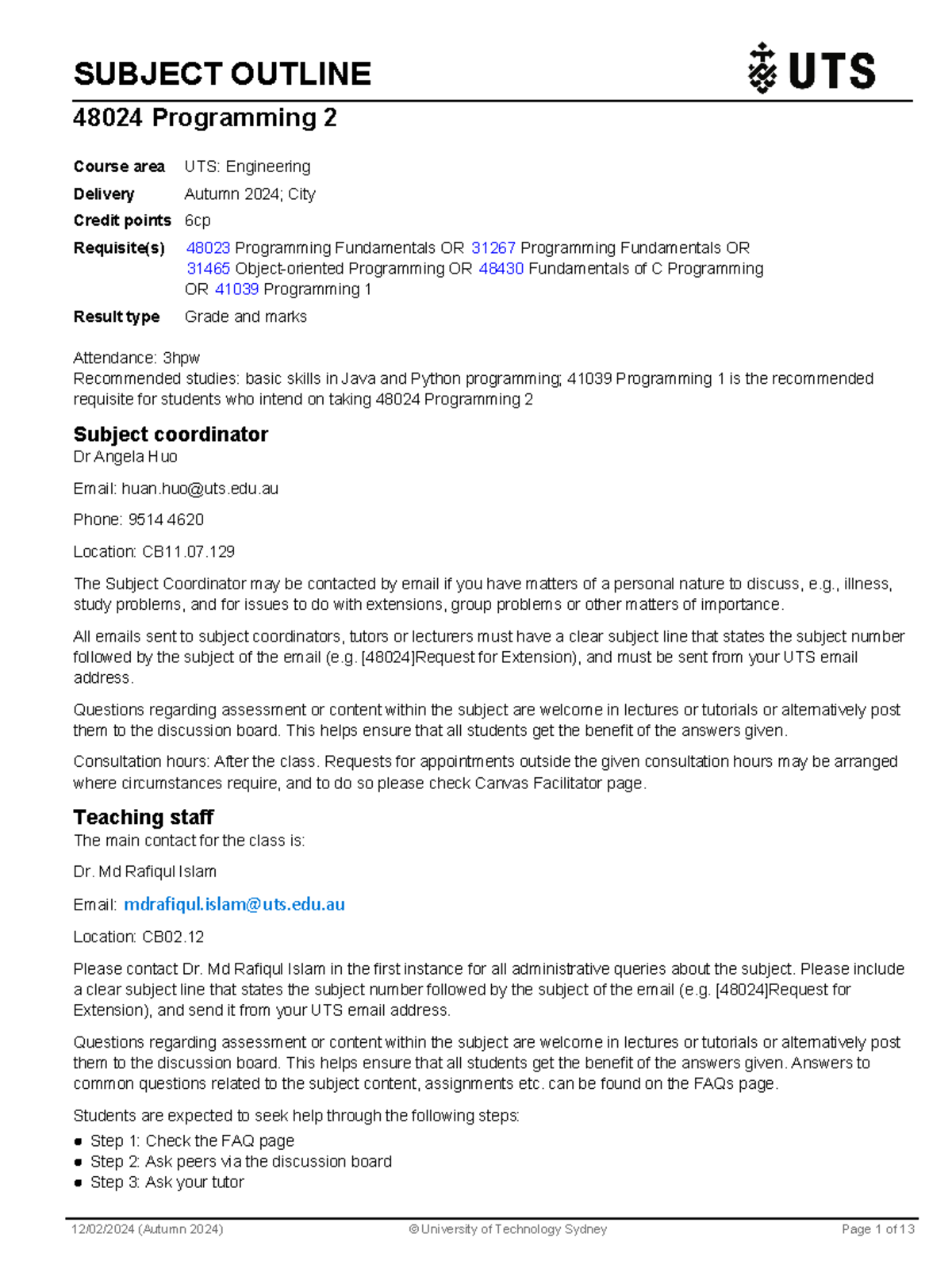 48024 Programming 2Subject Outline Autumn 2024 - SUBJECT OUTLINE 48024 Programming 2 Attendance ...