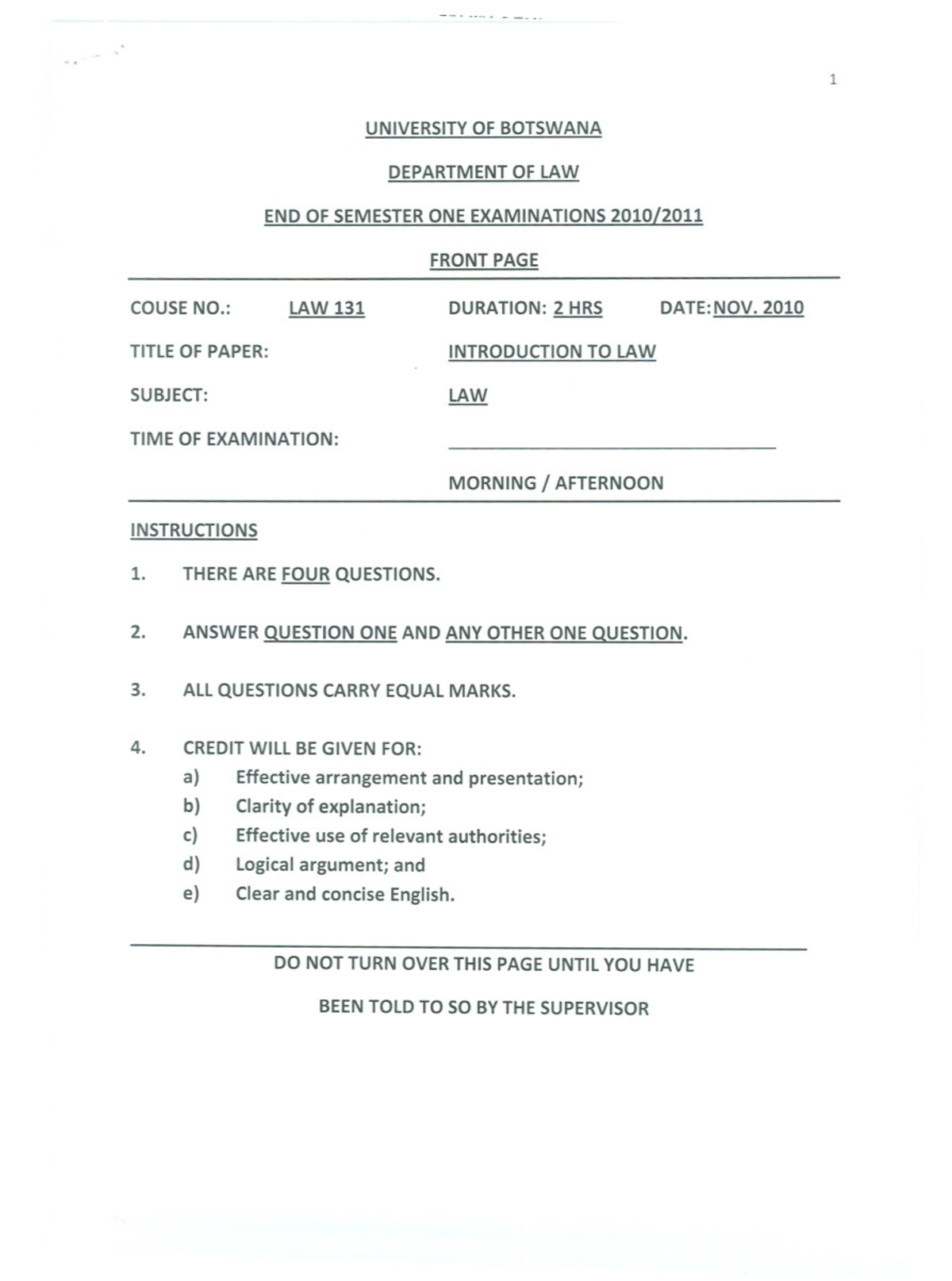 November 2010 exam paper - Introduction to Law - Studocu