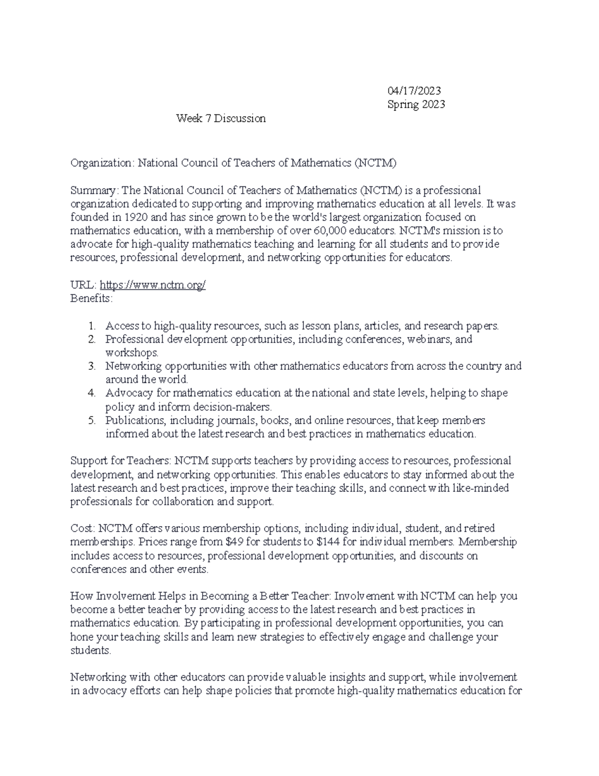 Week 7 Discussion - assignment - 04/17/ Spring 2023 Week 7 Discussion ...