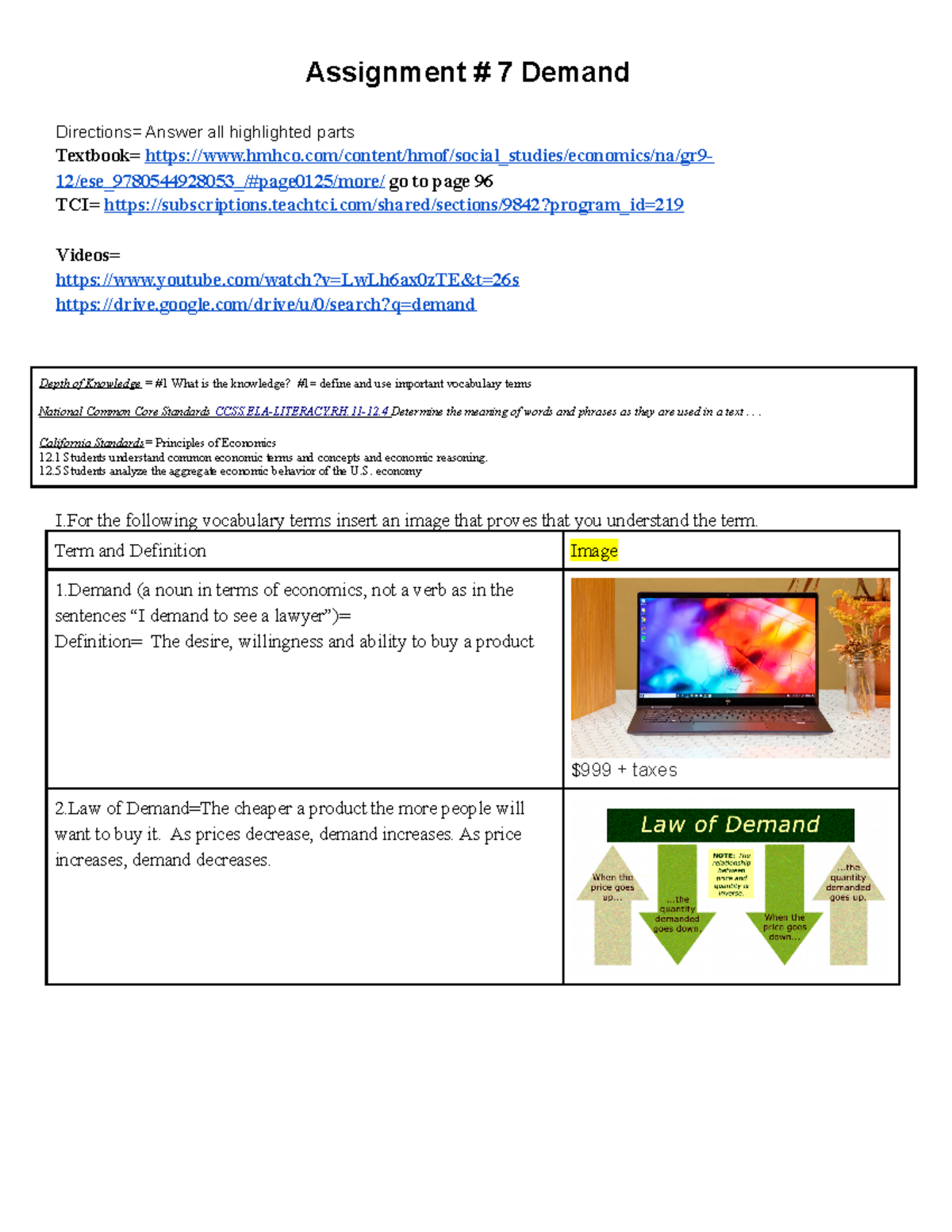 High School Level Economics 7 Demand - Assignment # 7 Demand Directions ...