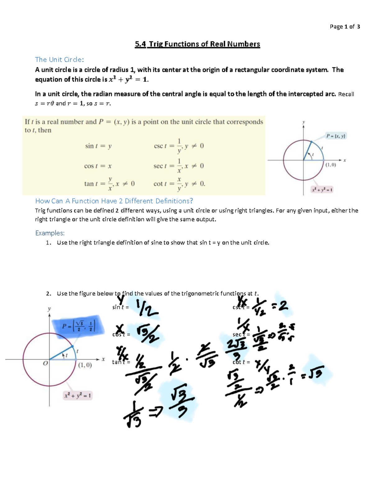 5.4 Trig Functions of Real Numbers 1113 - Page 1 of 3 5. 4 Trig ...