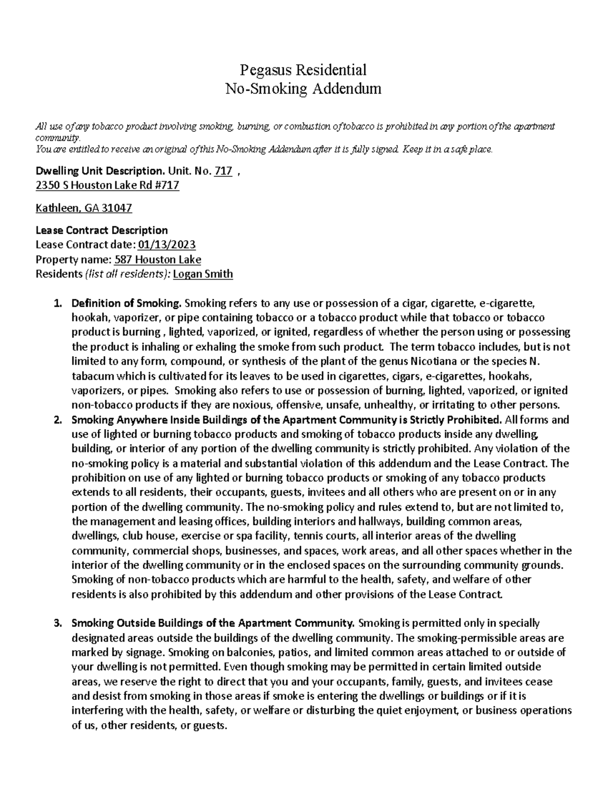 012 Form Pegasus No Smoking Addendum Lease 1 13 2023 to 2 12 2024 ...