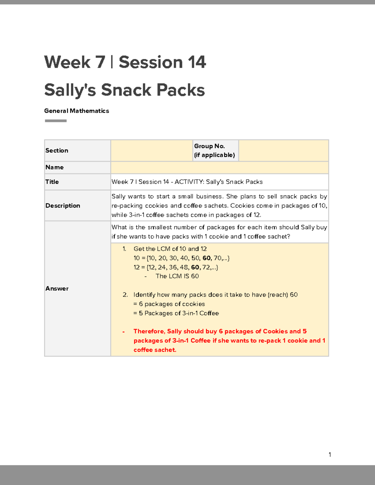 Gen Math Week 7 SSP - Sally wants to start a small business. She plans to sell snack packs - Studocu